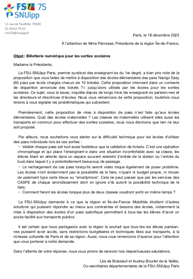 Sorties scolaires et tickets de métro : la FSU-SNUipp Paris répond à Mme Pécresse - FSU-SNUipp Paris